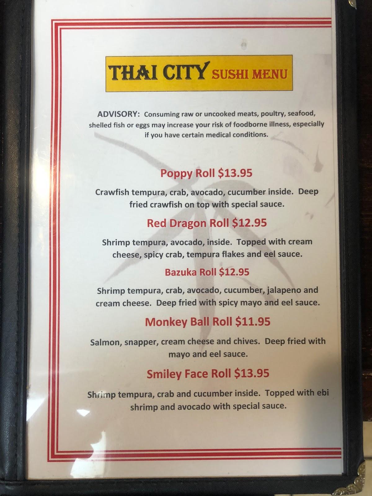 Menu at Thai City restaurant, Portales