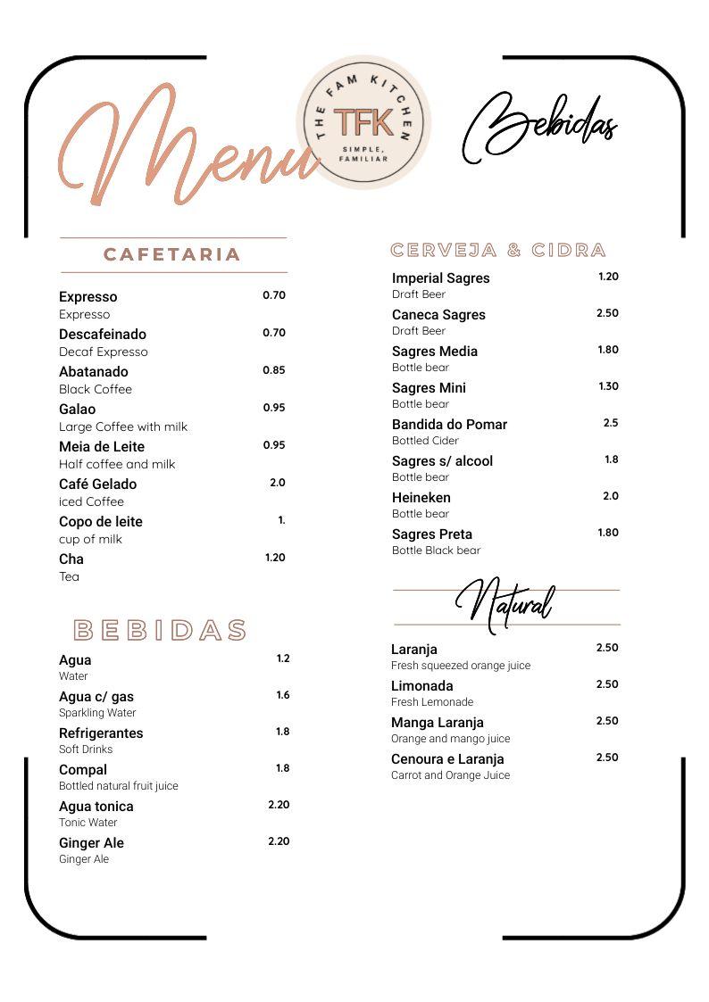 Menu at The Fam Kitchen restaurant, Lisbon