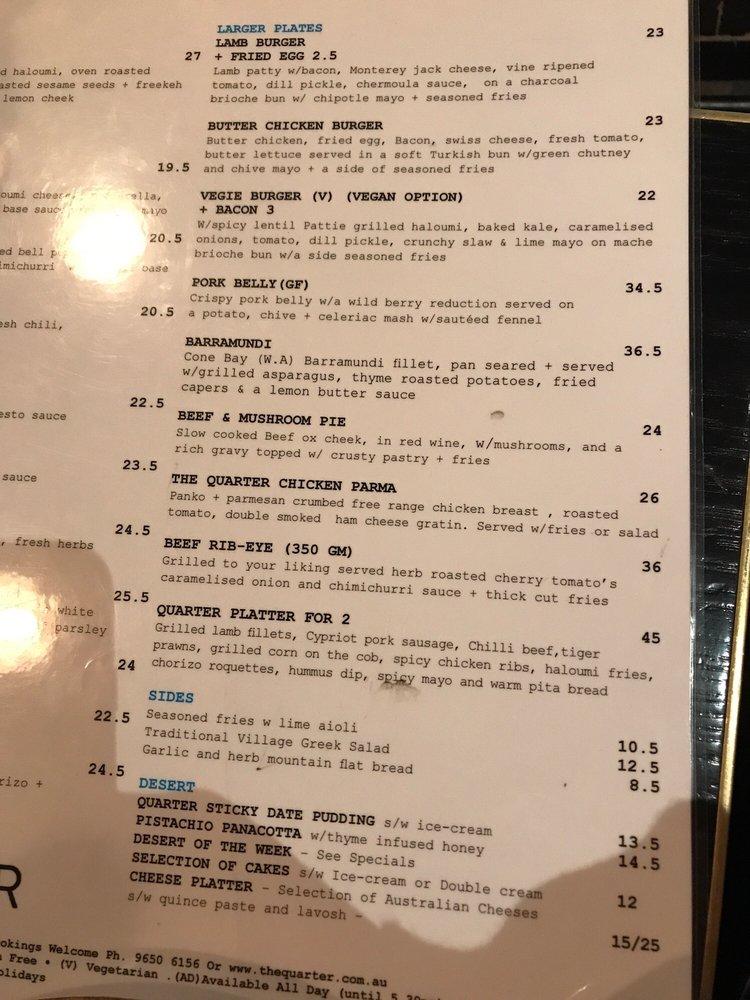 Menu at The Quarter restaurant, Melbourne