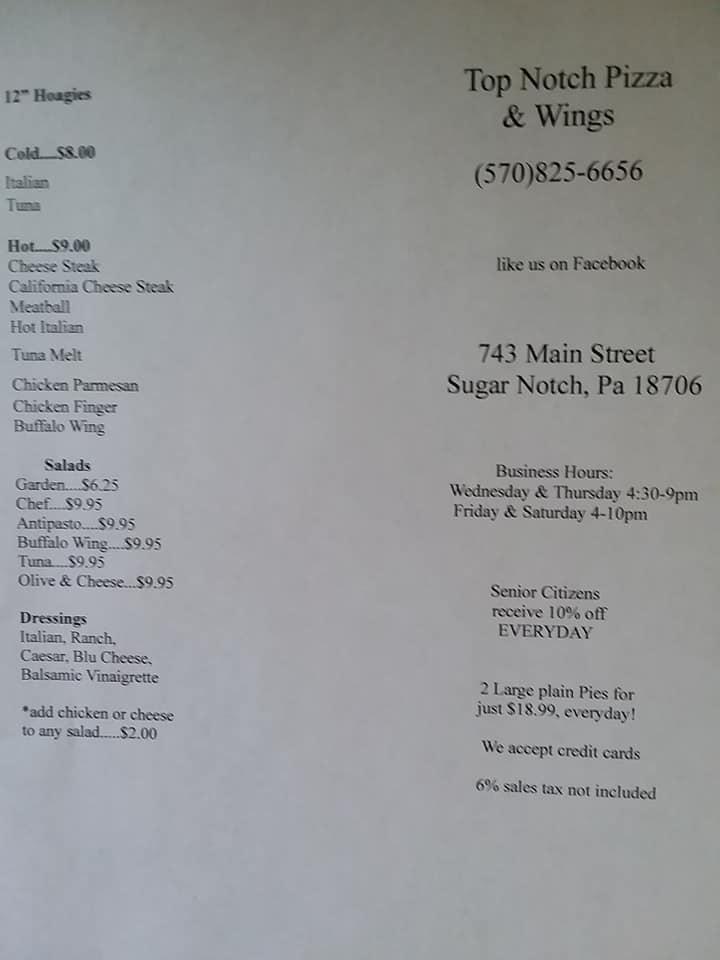 Menu at Top Notch Pizza pizzeria, Sugar Notch