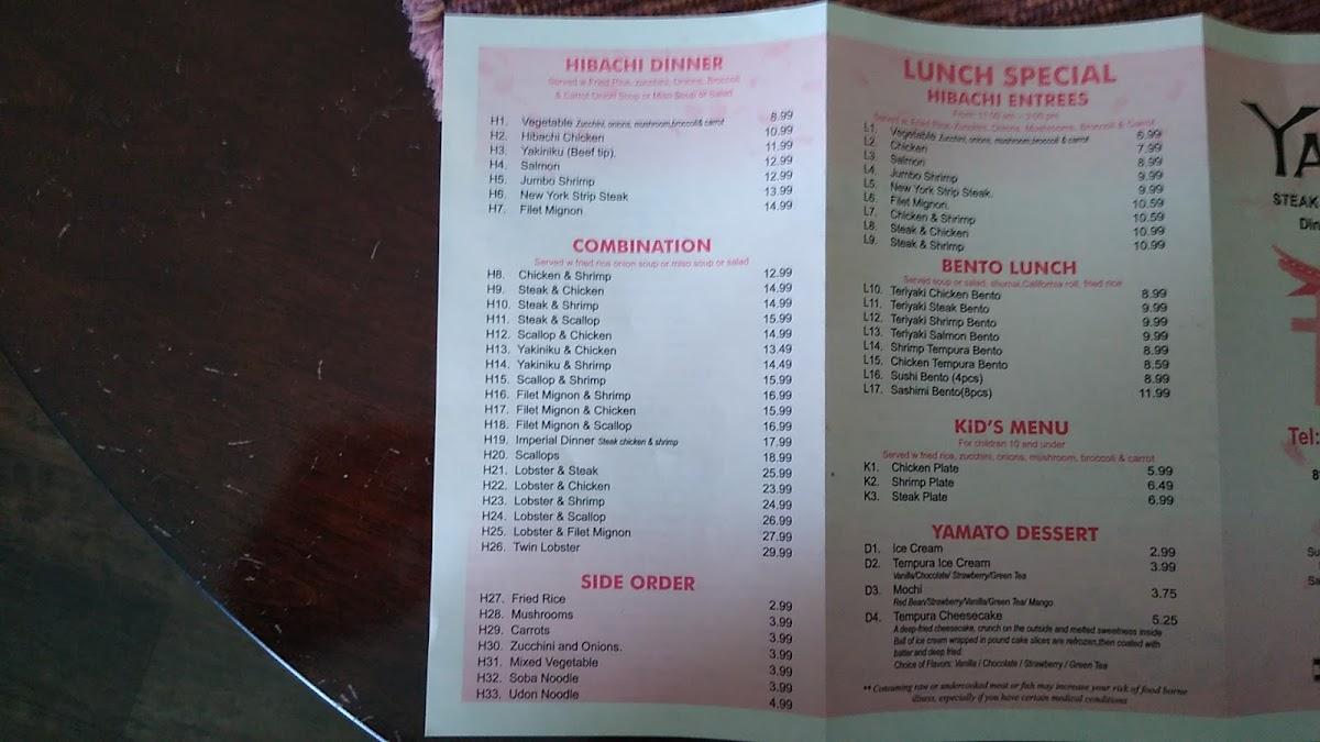 Menu at Yamato Japanese Steakhouse, Pulaski, 818 W College St