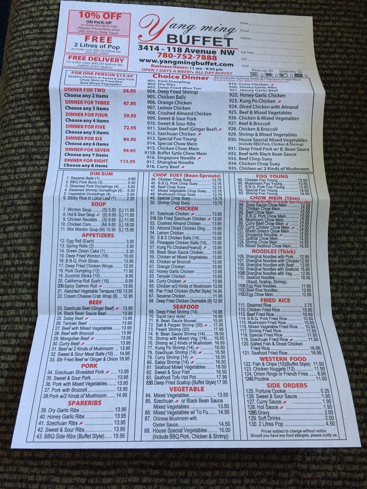 Menu at Yang Ming Buffet restaurant, Edmonton