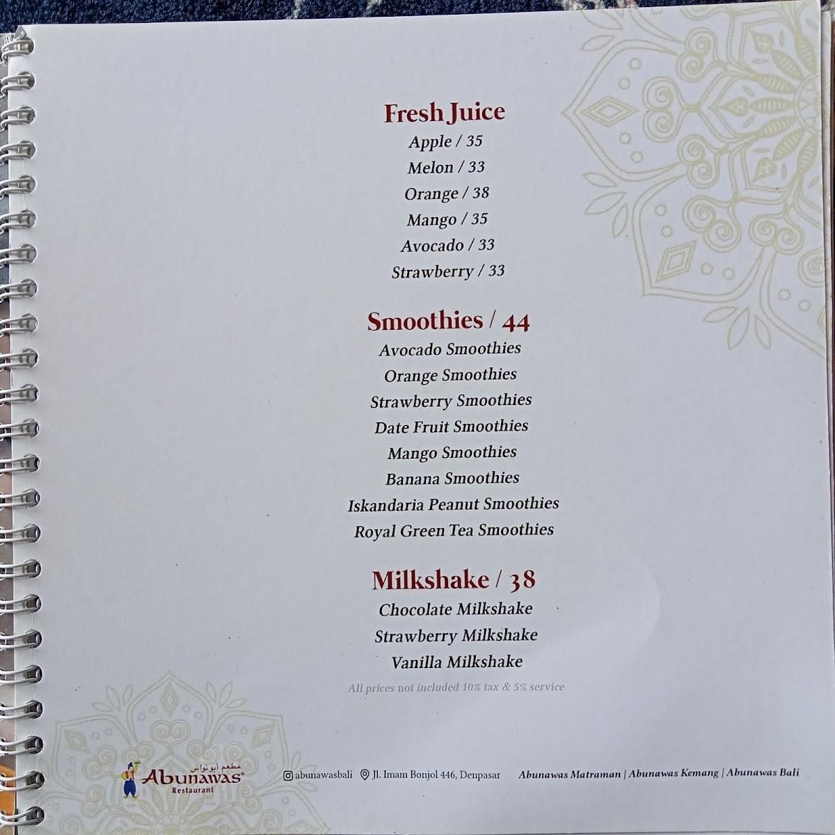 Menu at Abunawas Restaurant Bali - مطعم ابو نواس, Denpasar