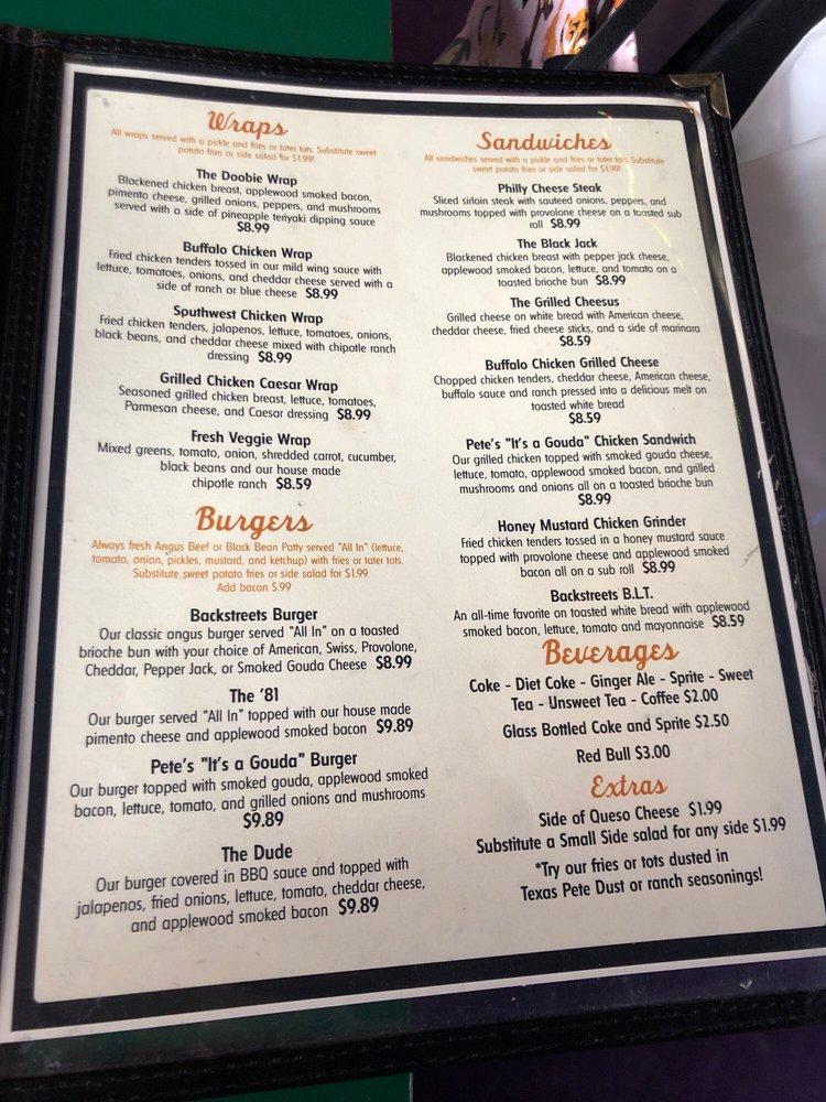 Menu at Backstreets Pub & Grill, Clemson