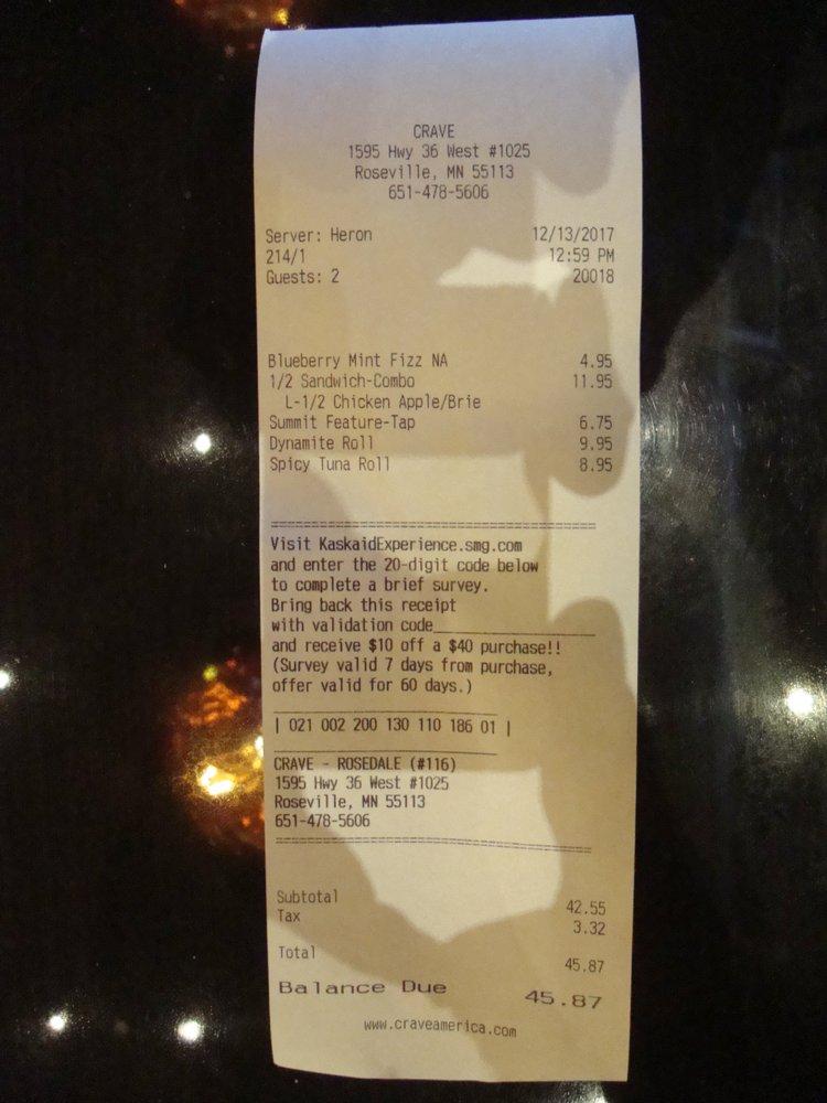 Menu at CRAVE American Kitchen & Sushi Bar (Rosedale Center - Roseville ...