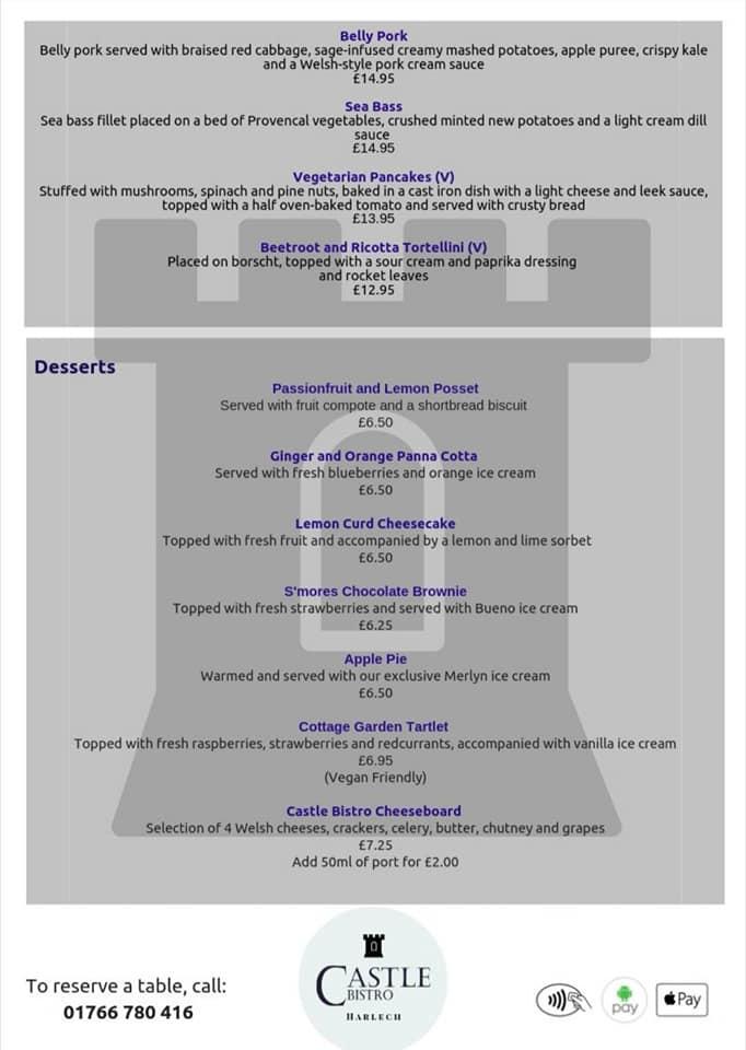 Menu at Castle Bistro Harlech restaurant, Harlech