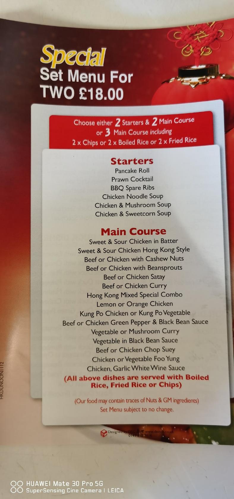 Menu at Hong Kong Carry Out fast food, Dunoon
