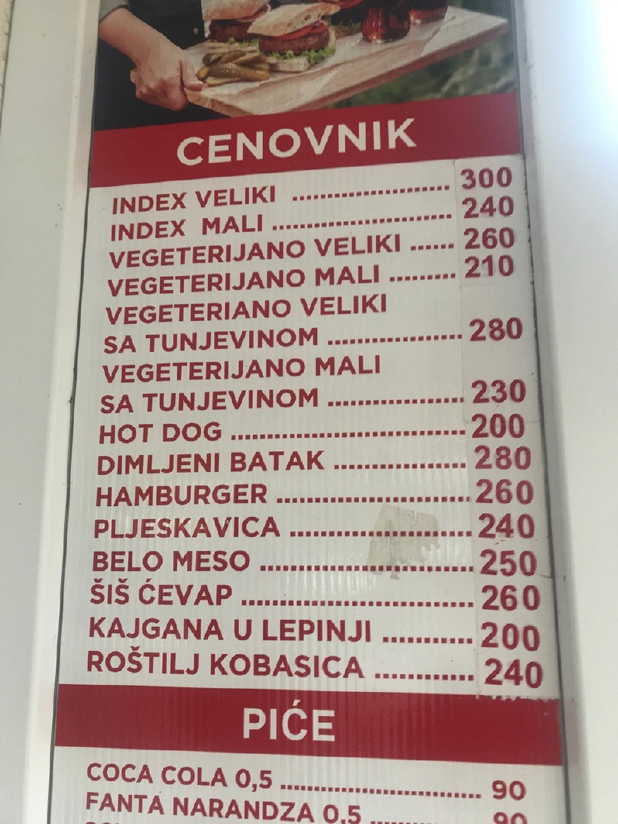 Menu at Index Maja restaurant, Novi Sad, Ulica Braće Popović
