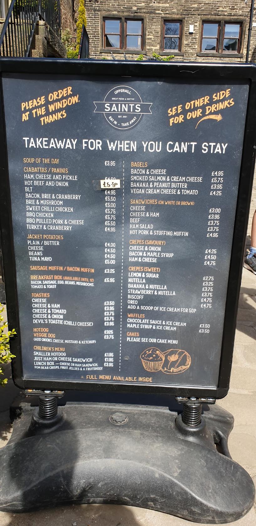 Menu at Saints Cafe, Uppermill