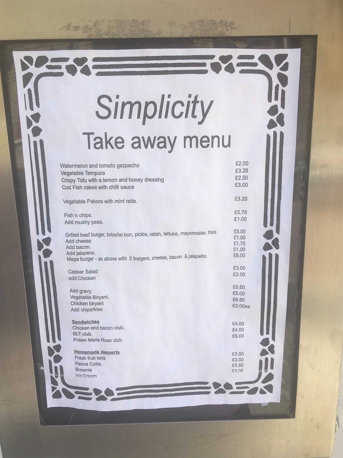 Menu at Simplicity restaurant, London