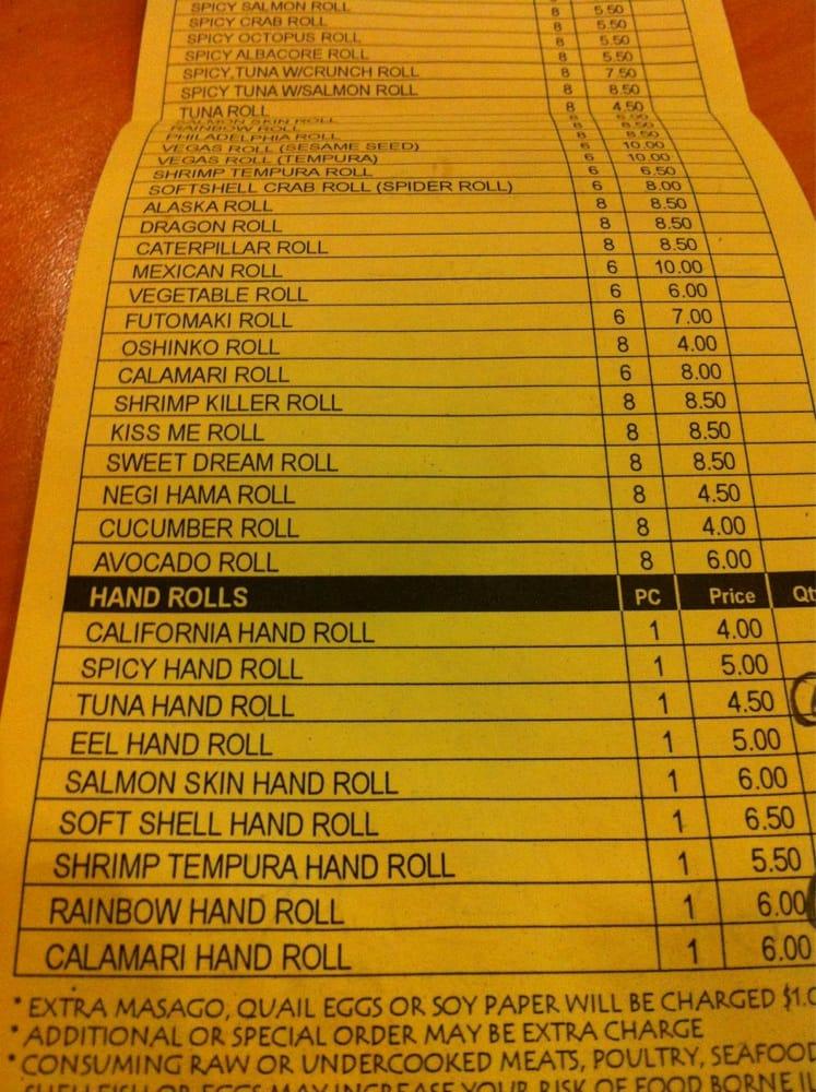 Menu at Sushi-Ten Japanese restaurant, Tucson