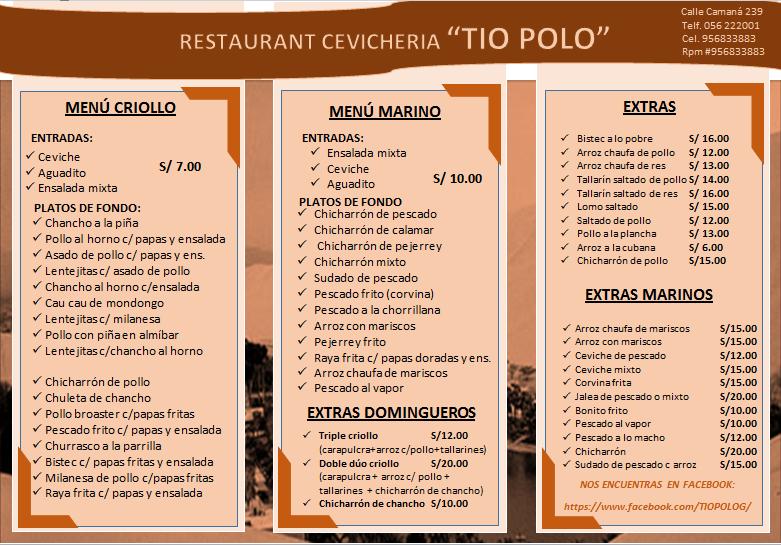 Menu at TÌO POLO, Ica