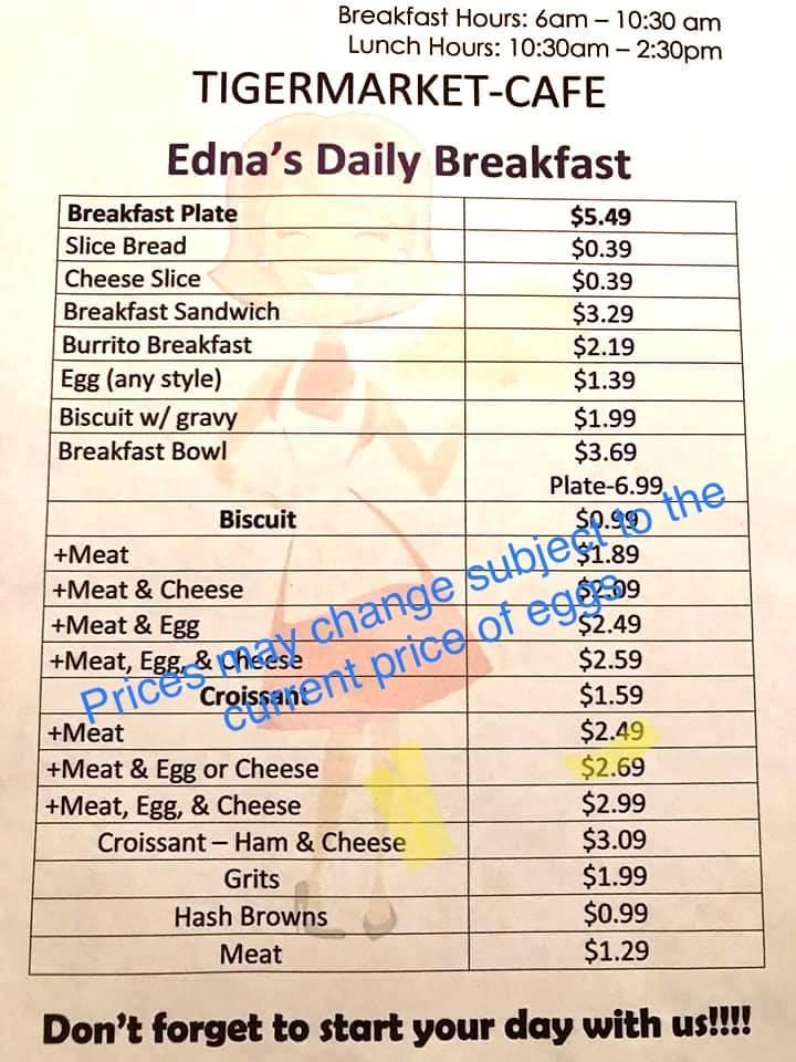 Menu at Tiger Cafe', Monroe