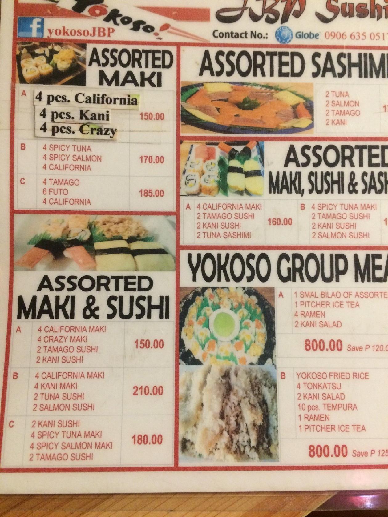 Menu at Yokoso restaurant, Nasugbu