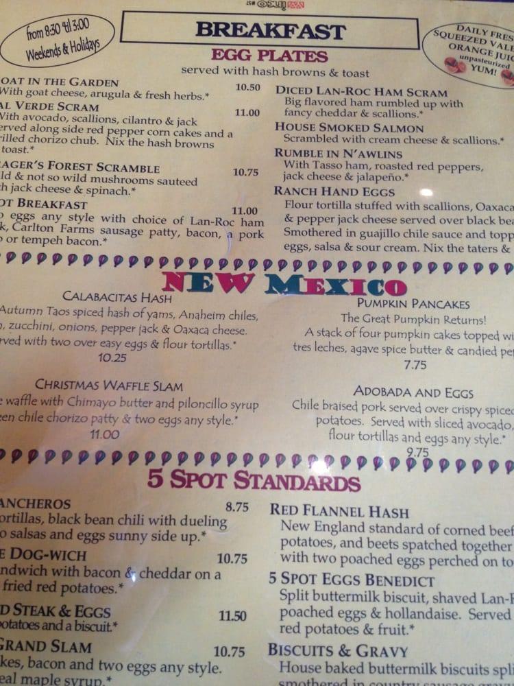 Menu at 5 Spot restaurant, Seattle
