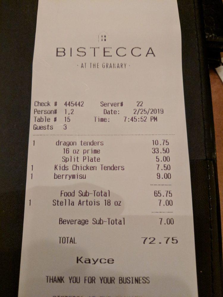 Menu at Bistecca at the Granary steakhouse, Billings
