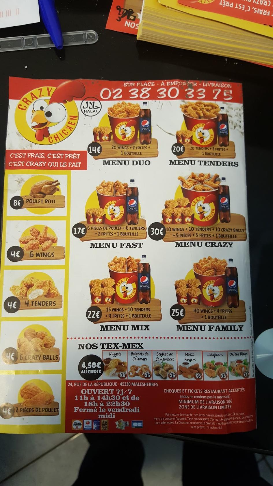 Menu at CRAZY CHICKEN restaurant, Malesherbes