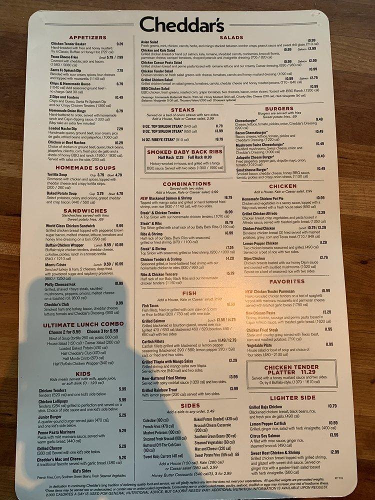Menu at Cheddar's Scratch Kitchen restaurant, Thornton, Grant St