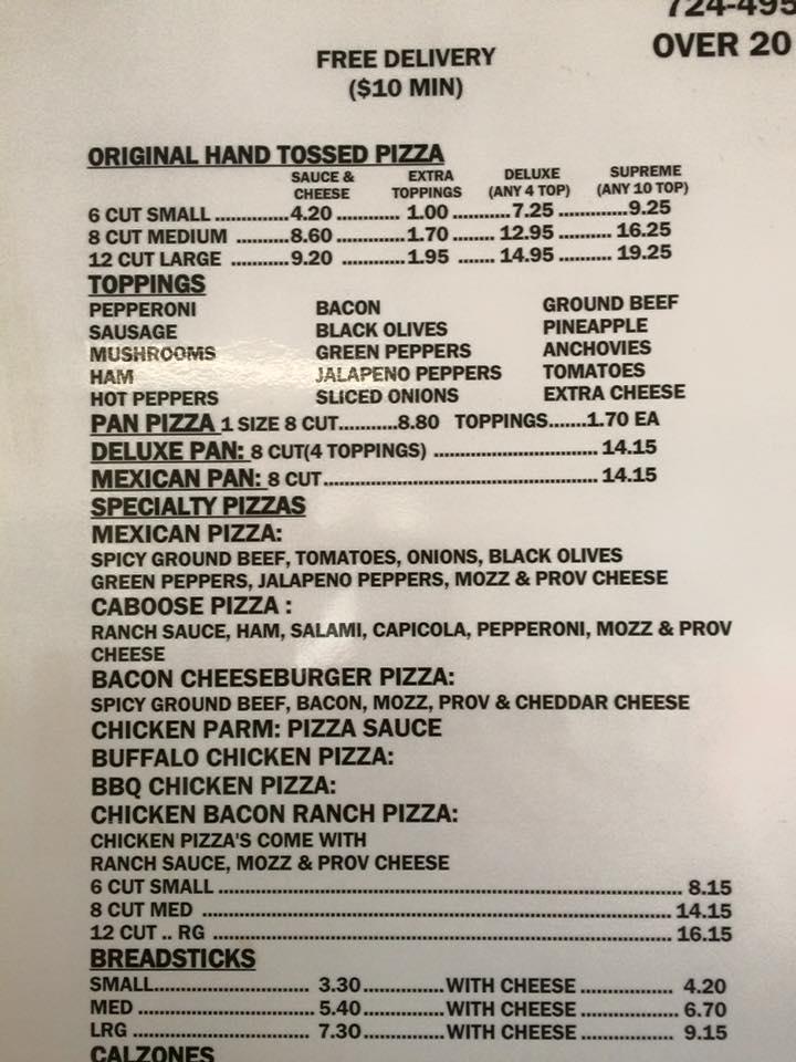 Menu at Choo Choo Charlie's pizzeria, USA