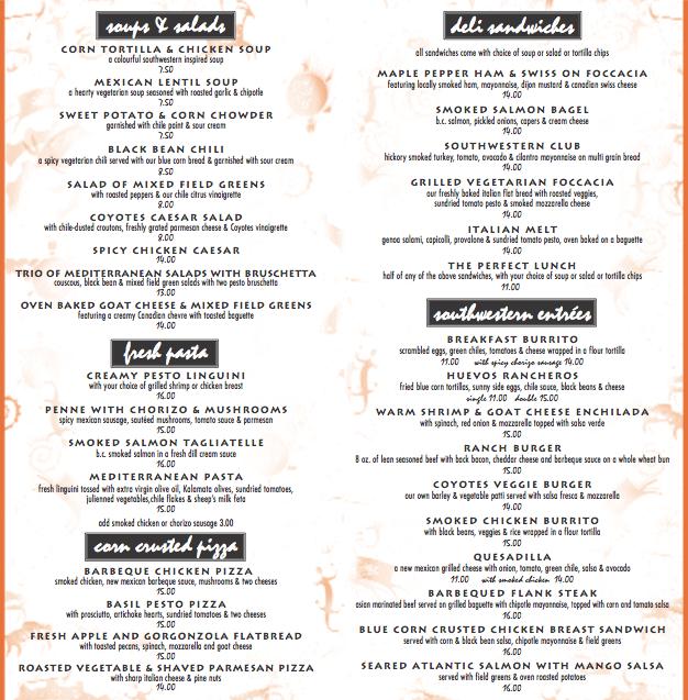 Menu at Coyotes Southwestern Grill restaurant, Banff
