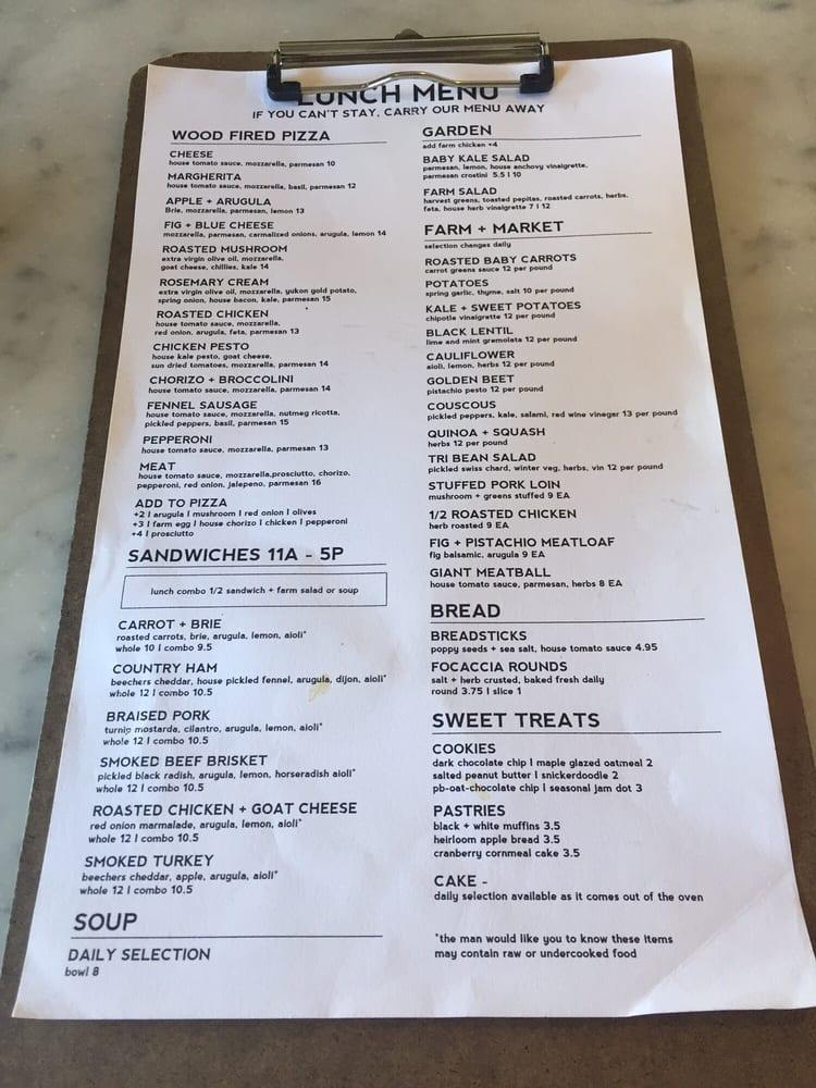 Menu at DERU pizzeria, Kirkland