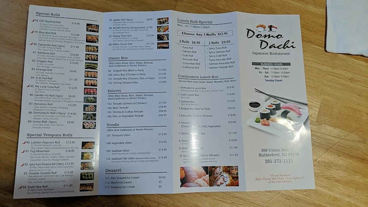 Menu at Domodachi Sushi restaurant, Rutherford