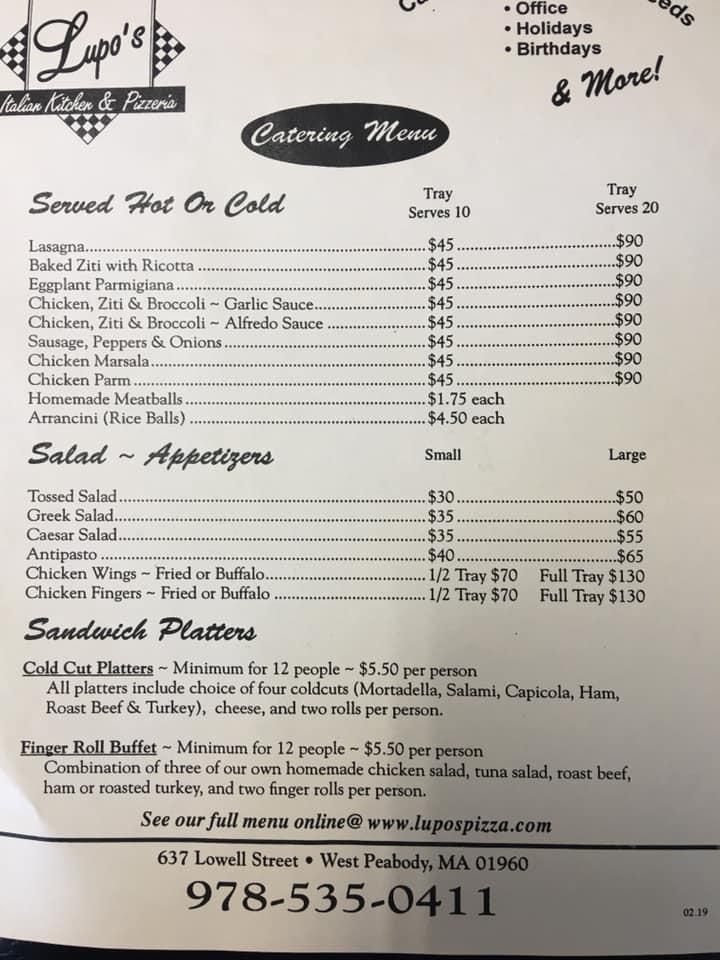 Menu at Lupo's Italian Kitchen & Pizzeria, Peabody