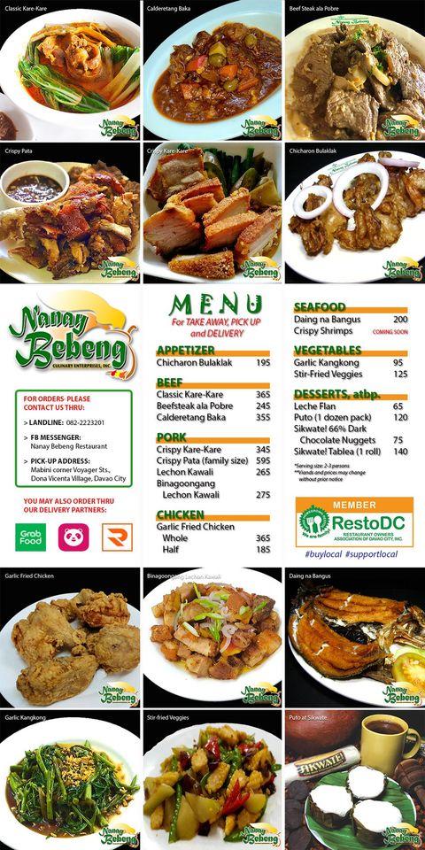 Menu at Nanay Bebeng Restaurant, Davao City, 3JH3+FW2