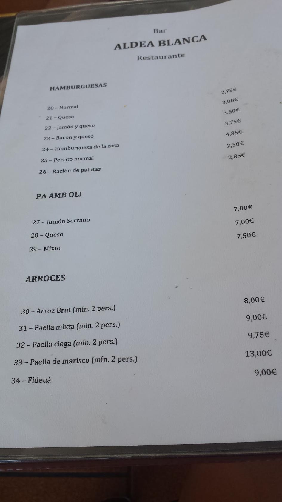Carta de Restaurante Aldea Blanca, Badia Gran