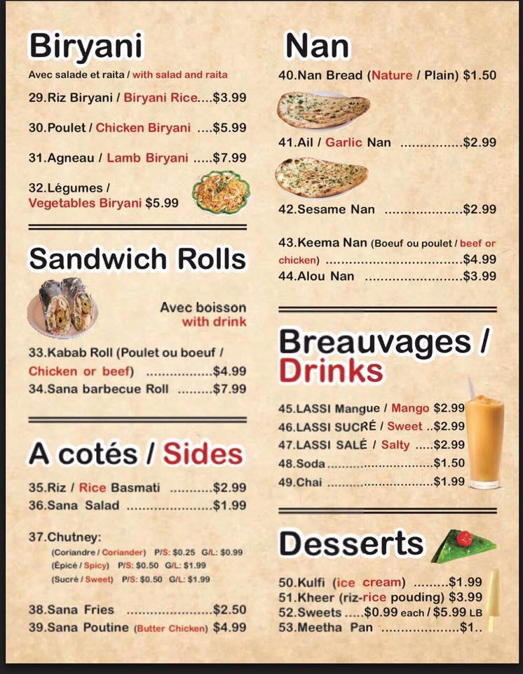 Carta de Sana Restaurant Halal ( CRESCENT ), Montréal, A Crescent St