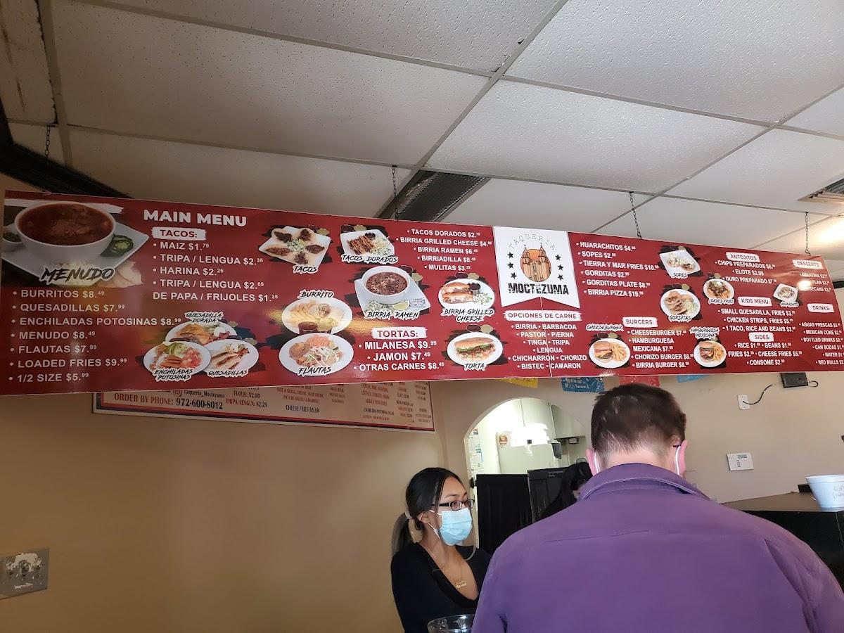 Menu at Taqueria Moctezuma restaurant, Irving
