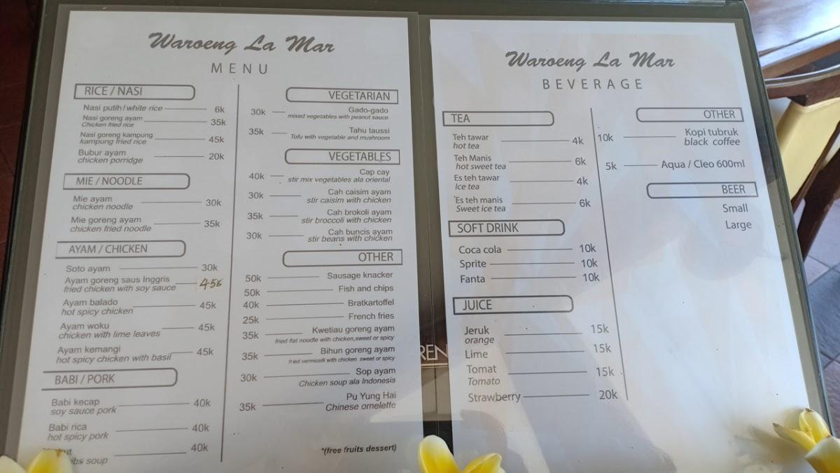 Menu at Warung La Mar restaurant, Buleleng