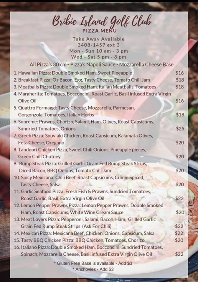 Menu at Bribie lsland Golf Club, Woorim