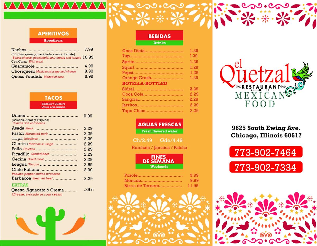 Carta de El Quetzal Restaurant, Chicago, S Ewing Ave