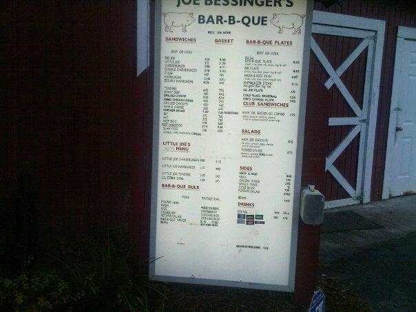 Menu at Joe Bessinger's Barbeque, Summerville