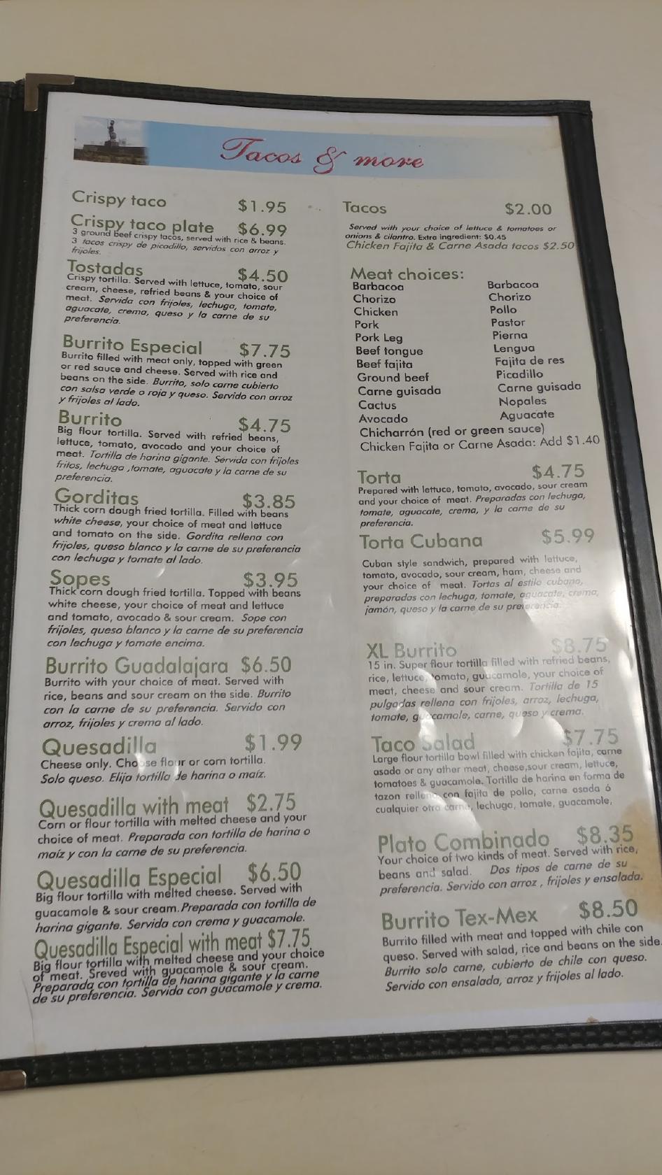 Menu at Restaurant Guadalajara, Elgin, US-290