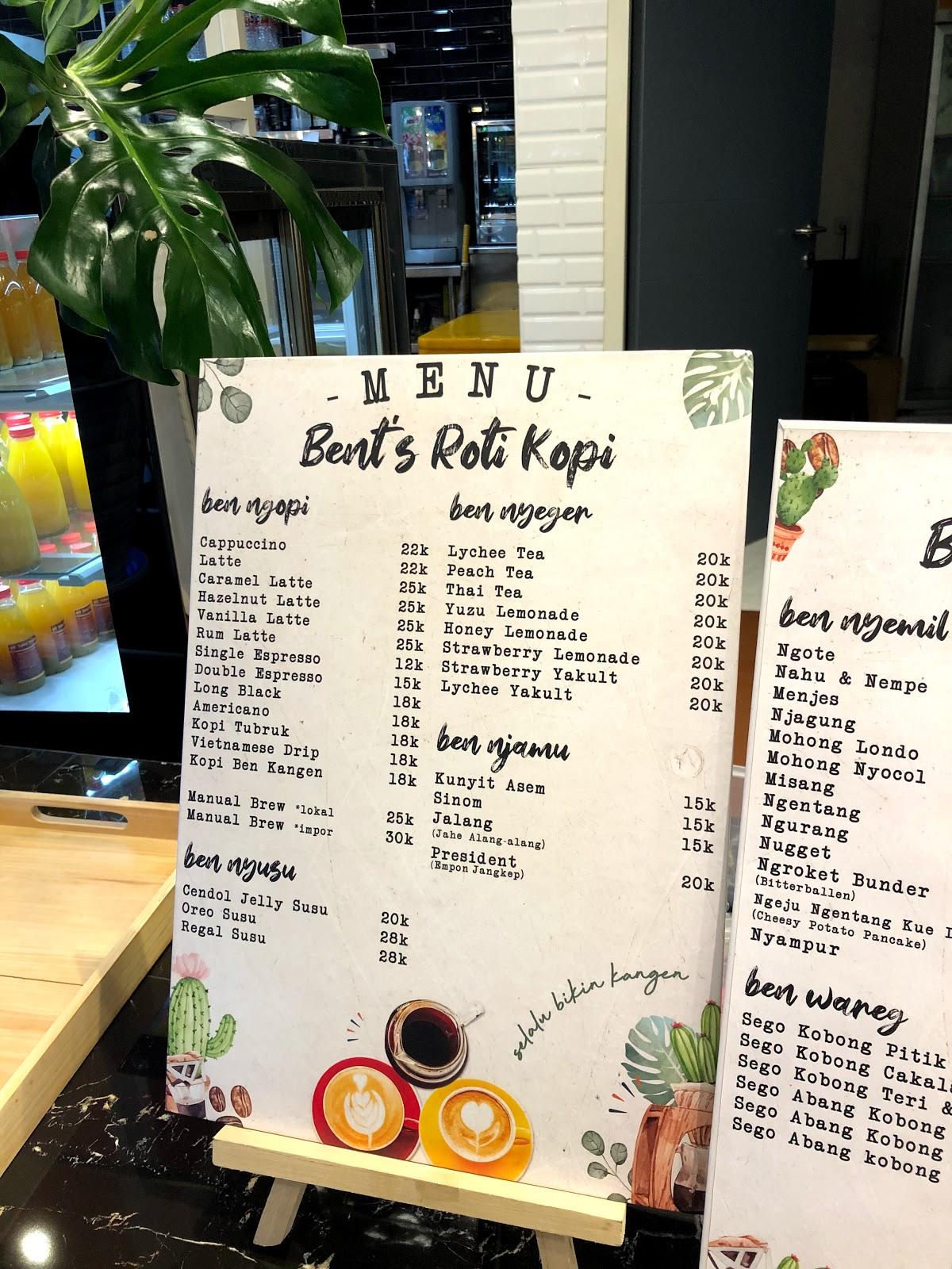 Menu at Bent's Roti Kopi, Surabaya