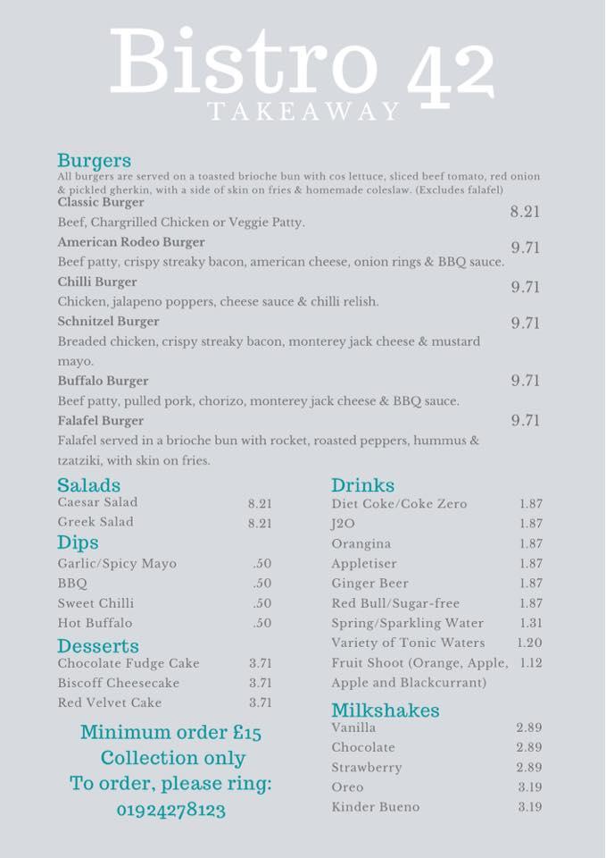 Menu at Bistro 42 pub & bar, Horbury, 42 High St