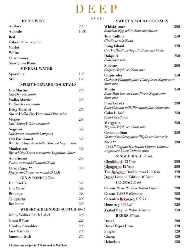 Menu at Deep Lounge pub & bar, Krabi Noi