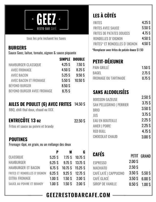 Menu at Geez Resto-Bar Café, Montréal