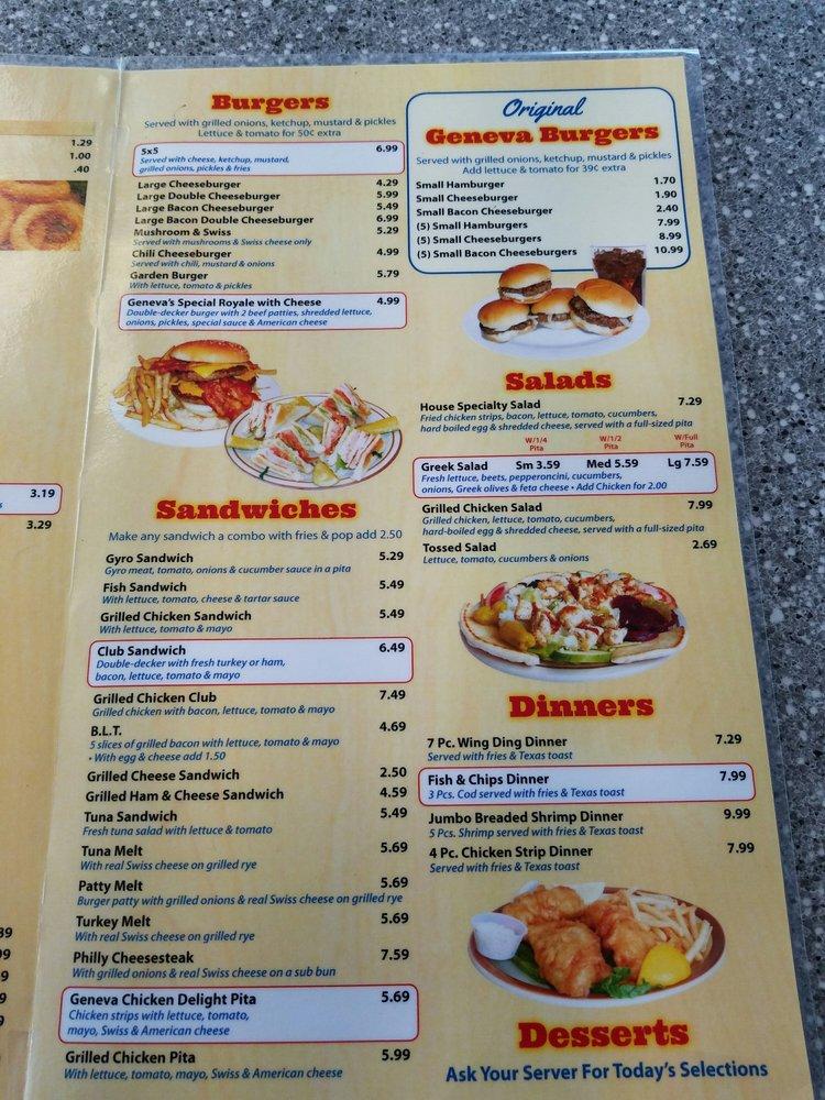 Menu at Geneva's Burgers restaurant, Eastpointe