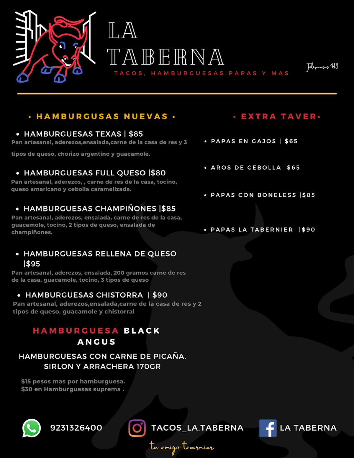 Carta del restaurante La Taberna del Tabernier, Agua Dulce