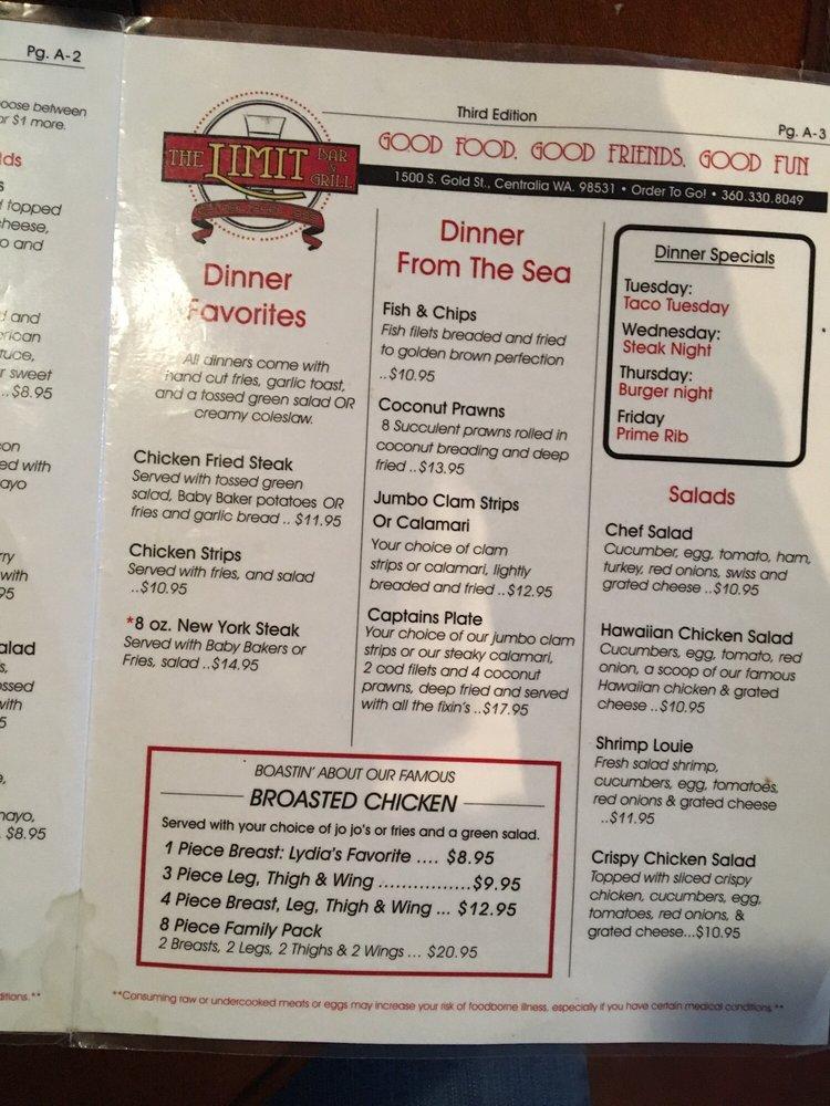 Menu at The Limit Bar & Grill, Centralia