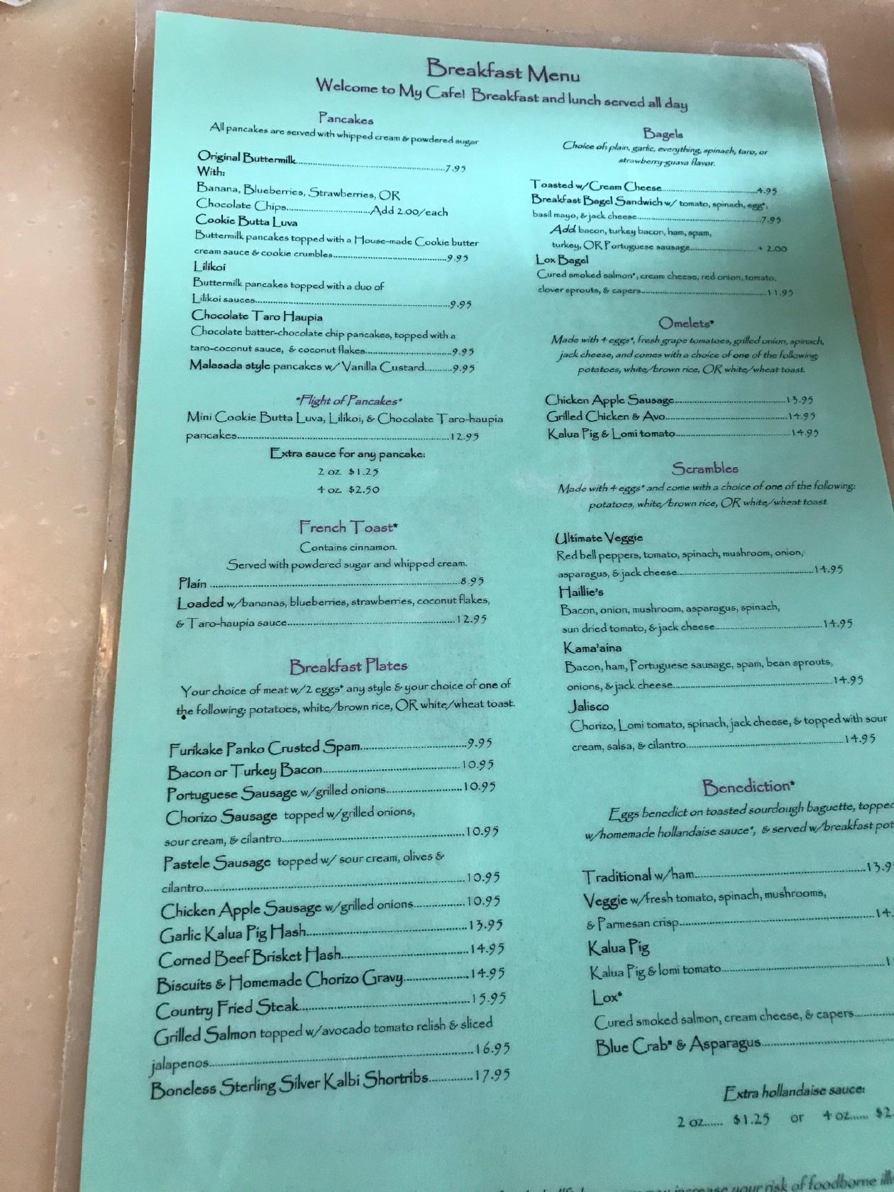 Menu at My Cafe, Kapolei