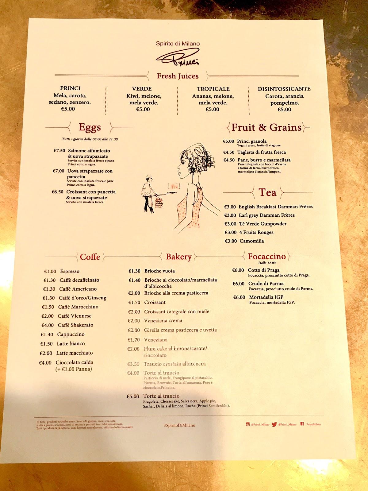 Menu at Princi cafeteria, Milan, Via Speronari