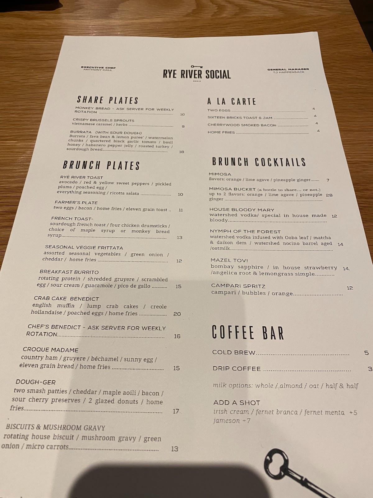 Menu at Rye River Social restaurant, Columbus