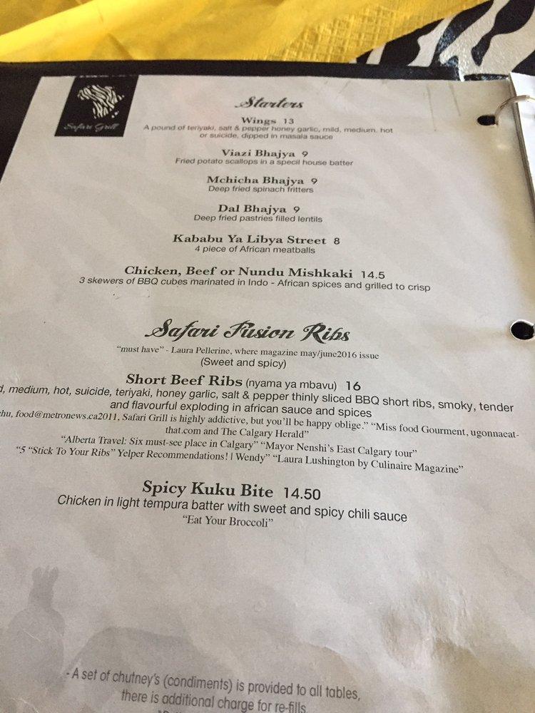 Menu at Safari Grill restaurant, Calgary
