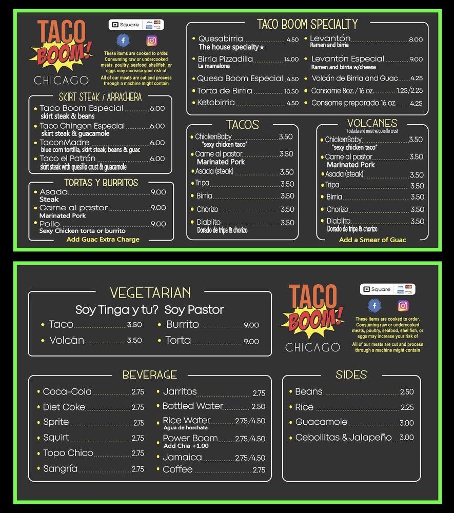 Menu at Taco Boom Chicago restaurant, Chicago, N Lincoln Ave