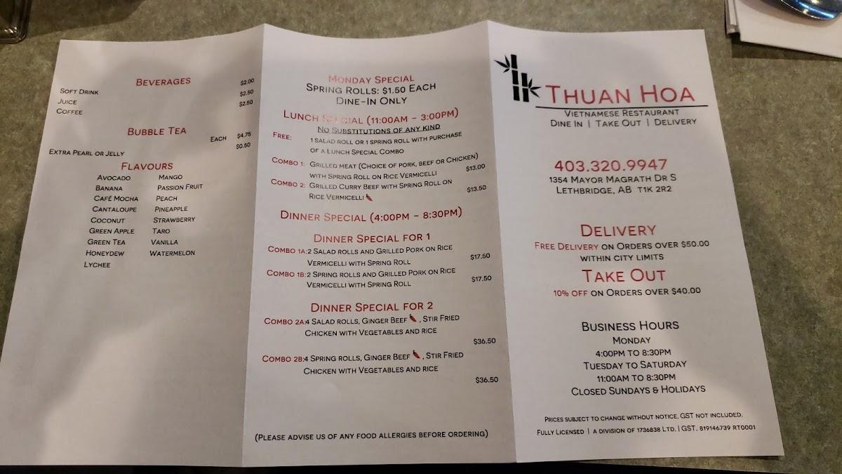 Menu at Thuan Hoa Restaurant, Lethbridge