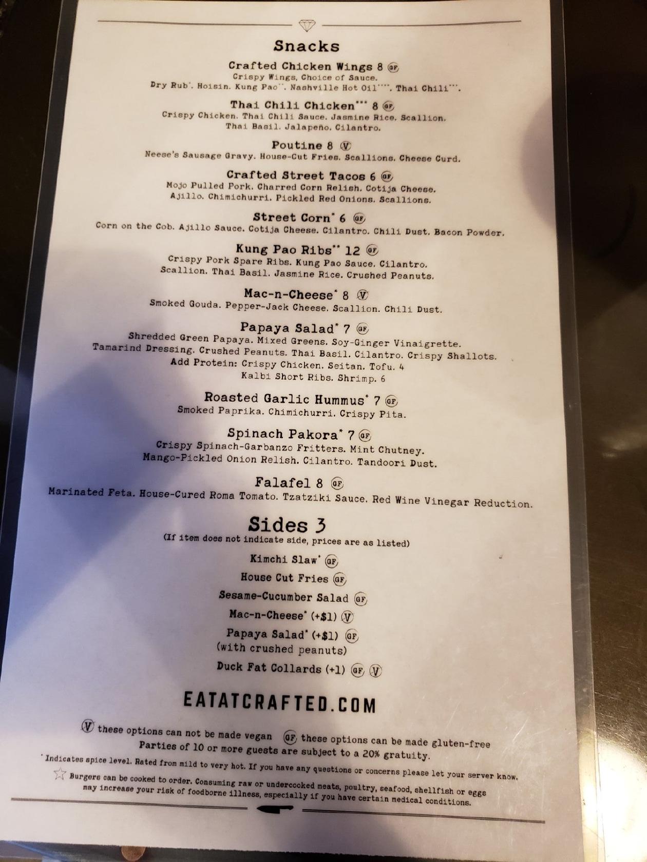 Menu at Crafted: The Art of Street Food restaurant, Greensboro